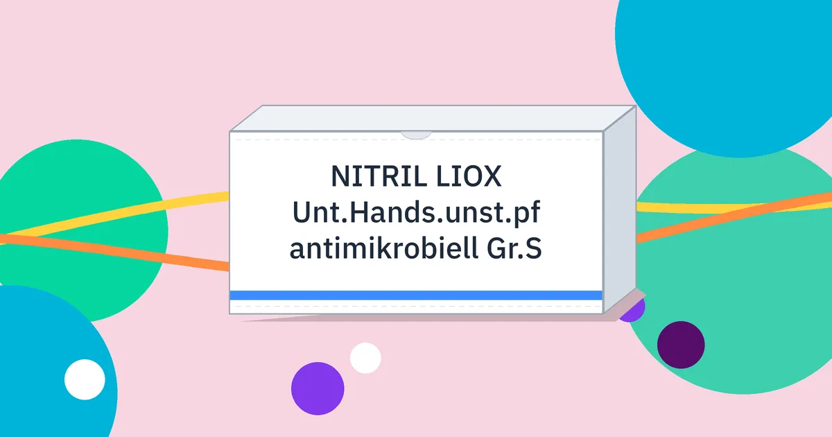 Symbolbild: Packung mit der Aufschrift NITRIL LIOX Unt.Hands.unst.pf antimikrobiell Gr.S (PZN 15377762) – Verfügbarkeit und Bezug in Apotheken in Frankfurt am Main