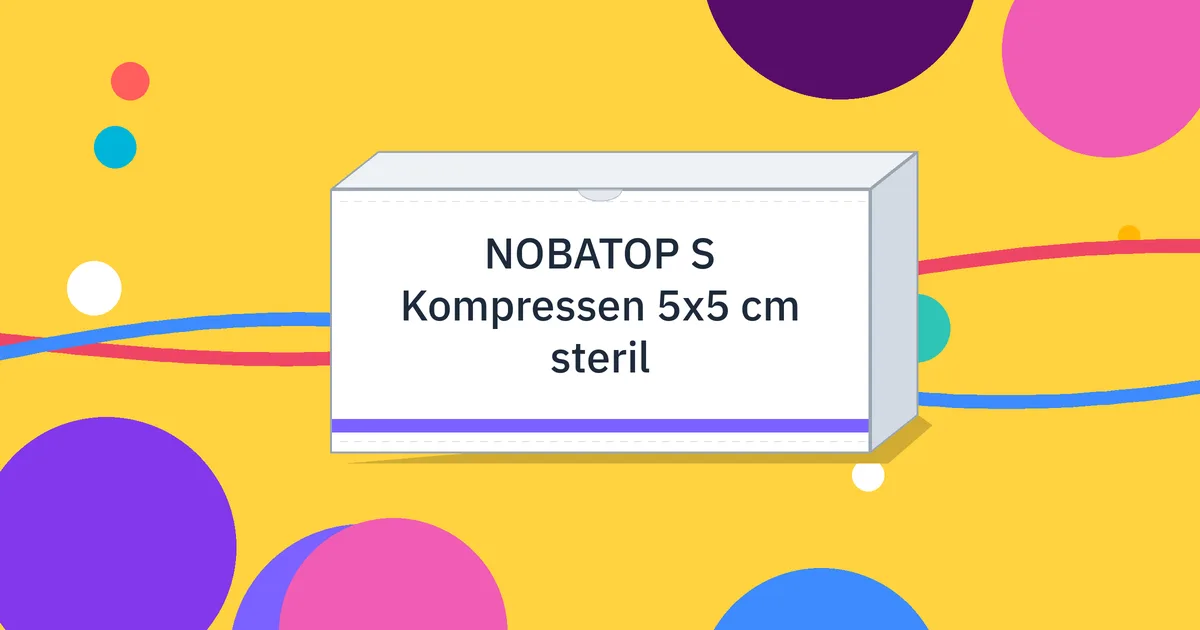 Symbolbild: Packung mit der Aufschrift NOBATOP S Kompressen 5x5 cm steril (PZN 07386238) – Verfügbarkeit und Bezug in Apotheken in Frankfurt am Main