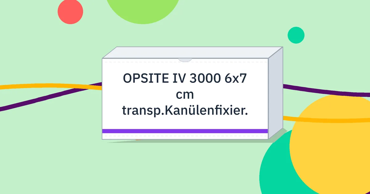 Symbolbild: Packung mit der Aufschrift OPSITE IV 3000 6x7 cm transp.Kanülenfixier. (PZN 20595797) – Verfügbarkeit und Bezug in Apotheken in Frankfurt am Main