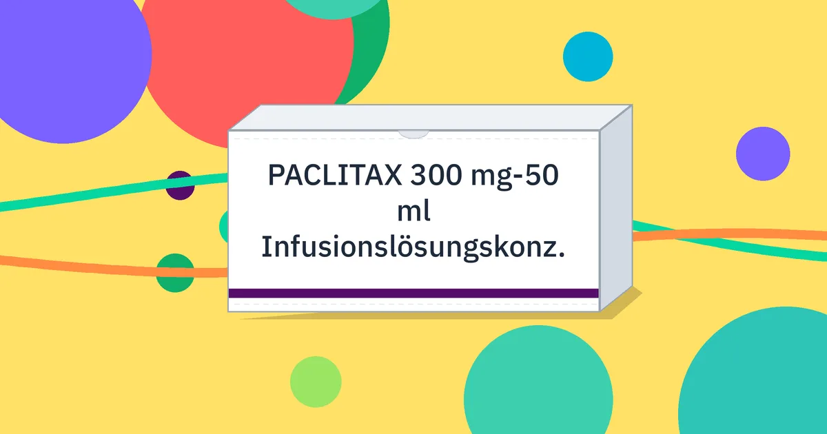 Symbolbild: Packung mit der Aufschrift PACLITAX 300 mg-50 ml Infusionslösungskonz. (PZN 05482564) – Verfügbarkeit und Bezug in Apotheken in Frankfurt am Main