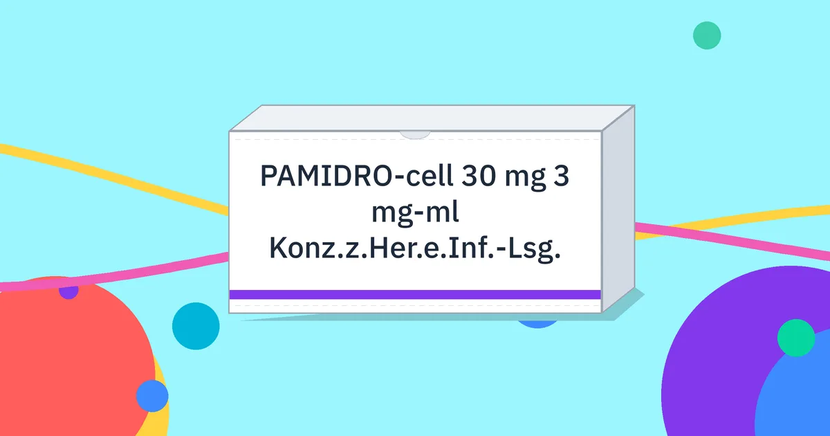Symbolbild: Packung mit der Aufschrift PAMIDRO-cell 30 mg 3 mg-ml Konz.z.Her.e.Inf.-Lsg. (PZN 03145621) – Verfügbarkeit und Bezug in Apotheken in Frankfurt am Main