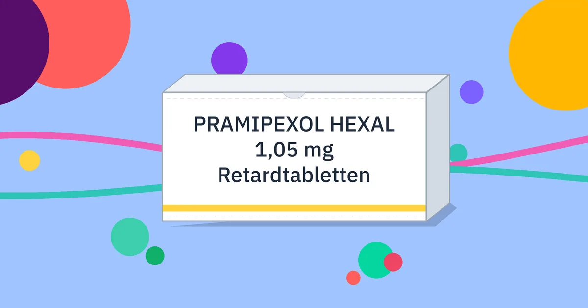 Symbolbild: Packung mit der Aufschrift PRAMIPEXOL HEXAL 1,05 mg Retardtabletten (PZN 08454982) – Verfügbarkeit und Bezug in Apotheken in Frankfurt am Main