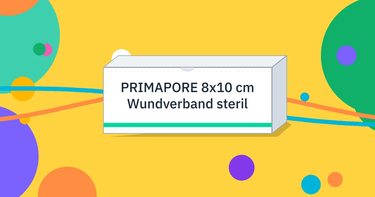 Symbolbild: Packung mit der Aufschrift PRIMAPORE 8x10 cm Wundverband steril (PZN 19158784) – Verfügbarkeit und Bezug in Apotheken in Frankfurt am Main