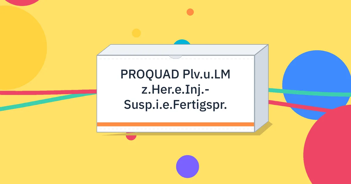Symbolbild: Packung mit der Aufschrift PROQUAD Plv.u.LM z.Her.e.Inj.-Susp.i.e.Fertigspr. (PZN 16261116) – Verfügbarkeit und Bezug in Apotheken in Frankfurt am Main