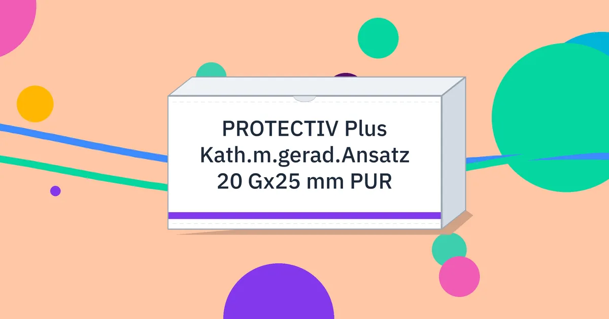 Symbolbild: Packung mit der Aufschrift PROTECTIV Plus Kath.m.gerad.Ansatz 20 Gx25 mm PUR (PZN 08424774) – Verfügbarkeit und Bezug in Apotheken in Frankfurt am Main