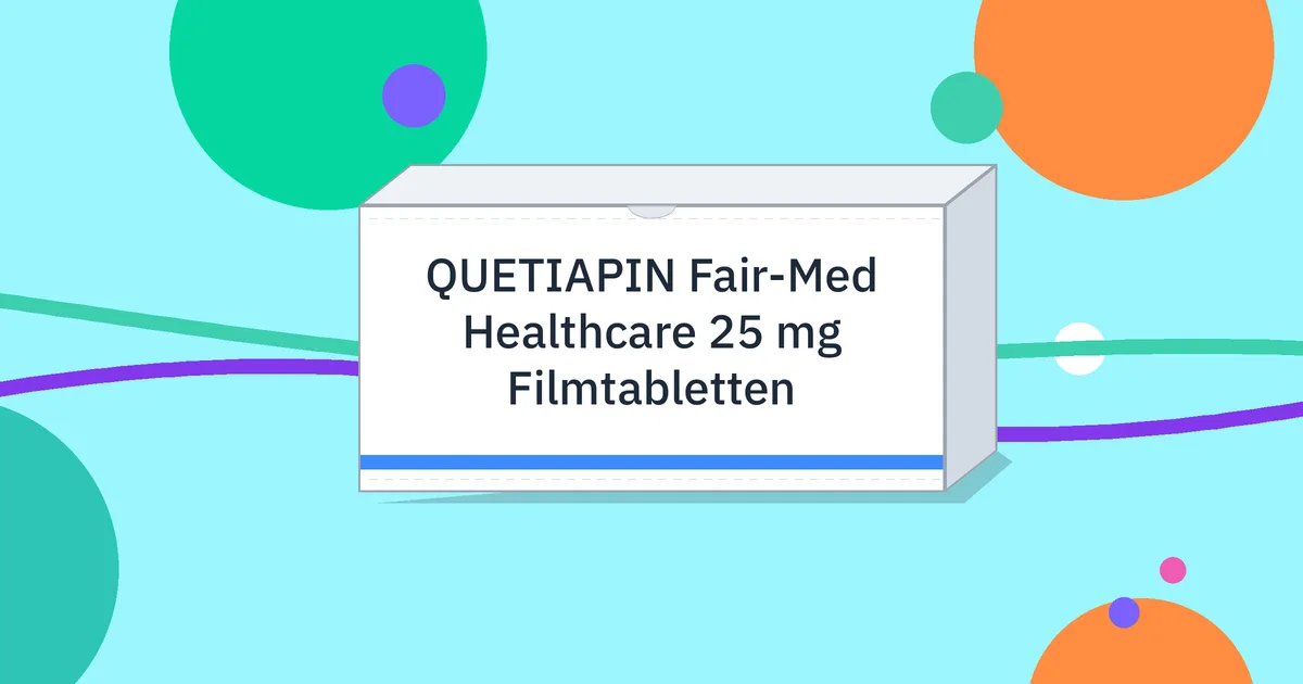 Symbolbild: Packung mit der Aufschrift QUETIAPIN Fair-Med Healthcare 25 mg Filmtabletten (PZN 14167778) – Verfügbarkeit und Bezug in Apotheken in Frankfurt am Main