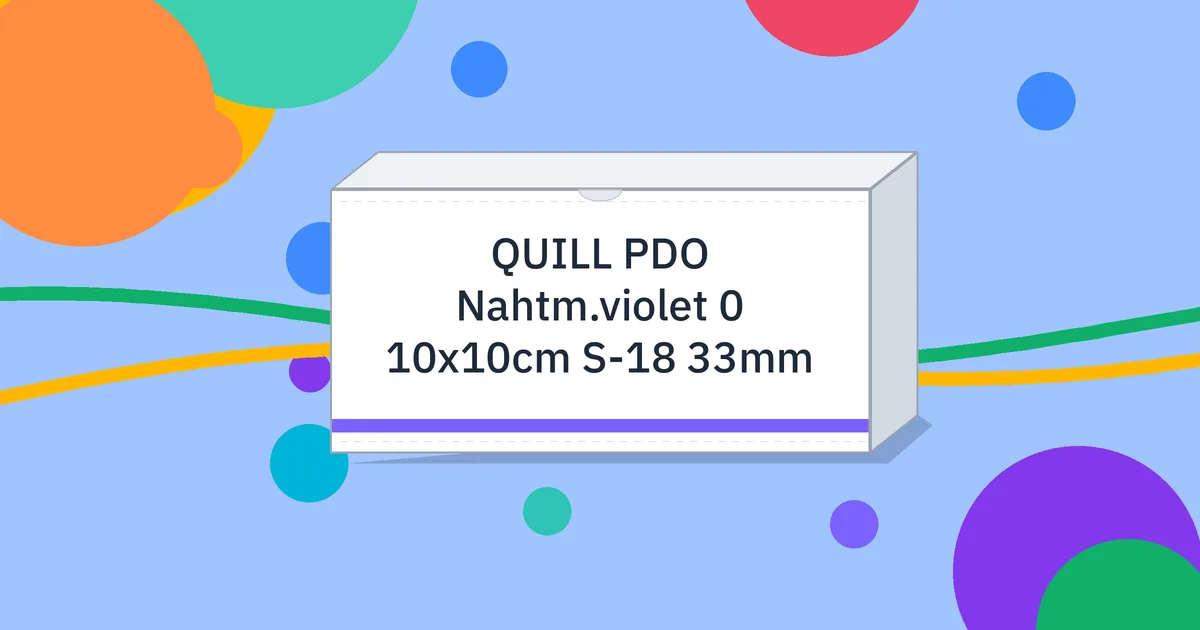 Symbolbild: Packung mit der Aufschrift QUILL PDO Nahtm.violet 0 10x10cm S-18 33mm (PZN 17989742) – Verfügbarkeit und Bezug in Apotheken in Frankfurt am Main