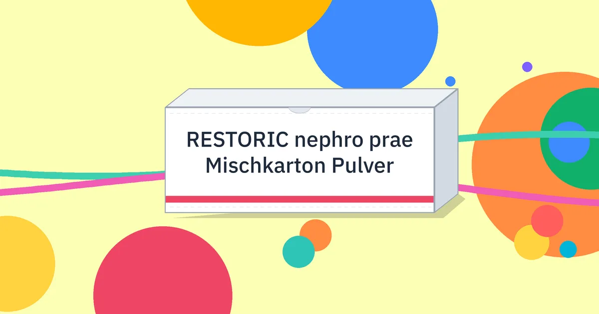 Symbolbild: Packung mit der Aufschrift RESTORIC nephro prae Mischkarton Pulver (PZN 18354299) – Verfügbarkeit und Bezug in Apotheken in Frankfurt am Main