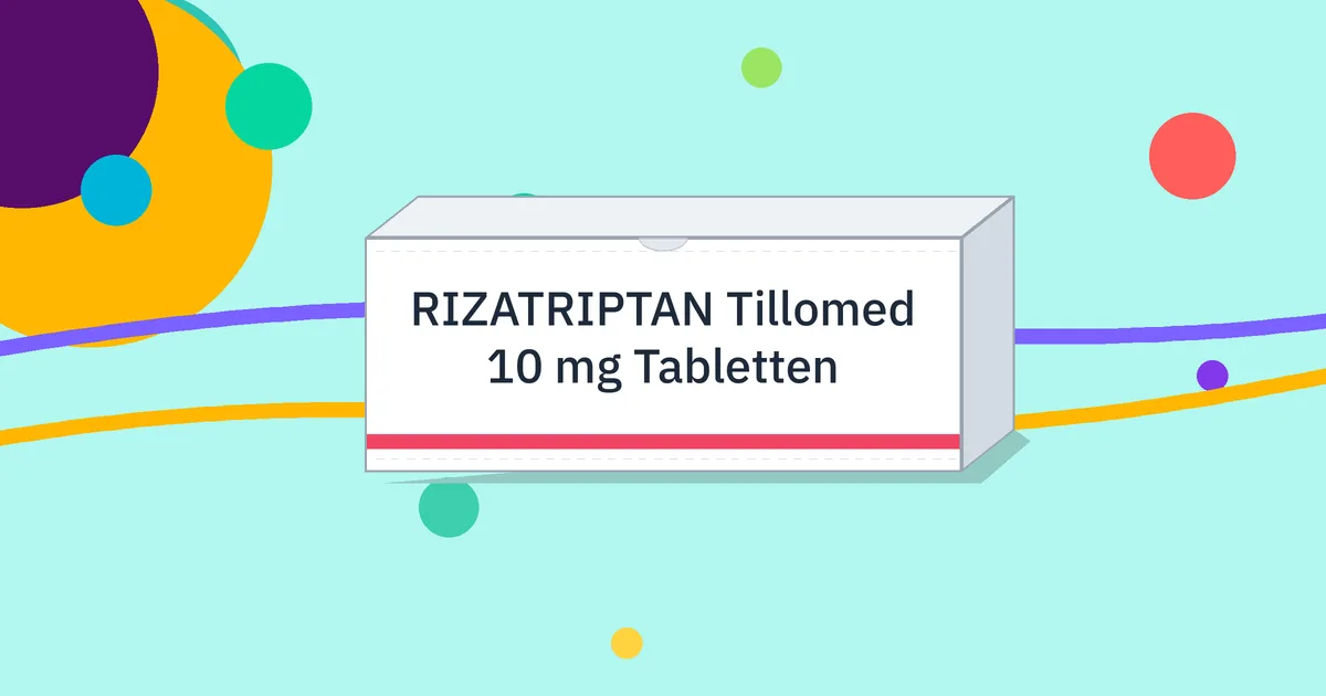 Symbolbild: Packung mit der Aufschrift RIZATRIPTAN Tillomed 10 mg Tabletten (PZN 13168942) – Verfügbarkeit und Bezug in Apotheken in Frankfurt am Main