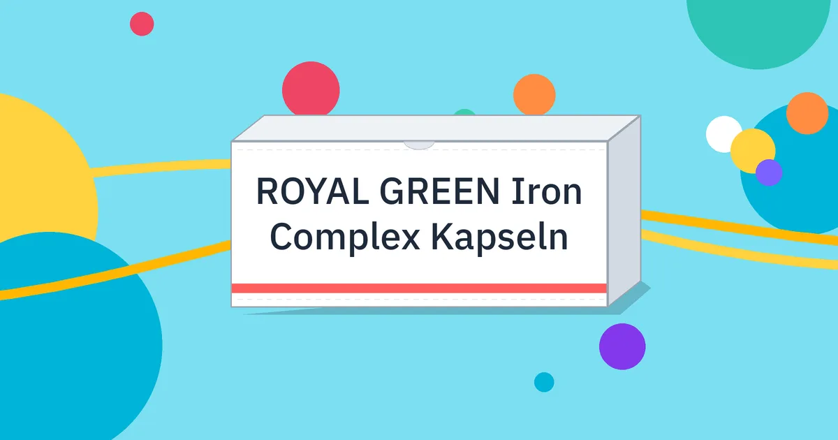 Symbolbild: Packung mit der Aufschrift ROYAL GREEN Iron Complex Kapseln (PZN 19195093) – Verfügbarkeit und Bezug in Apotheken in Frankfurt am Main