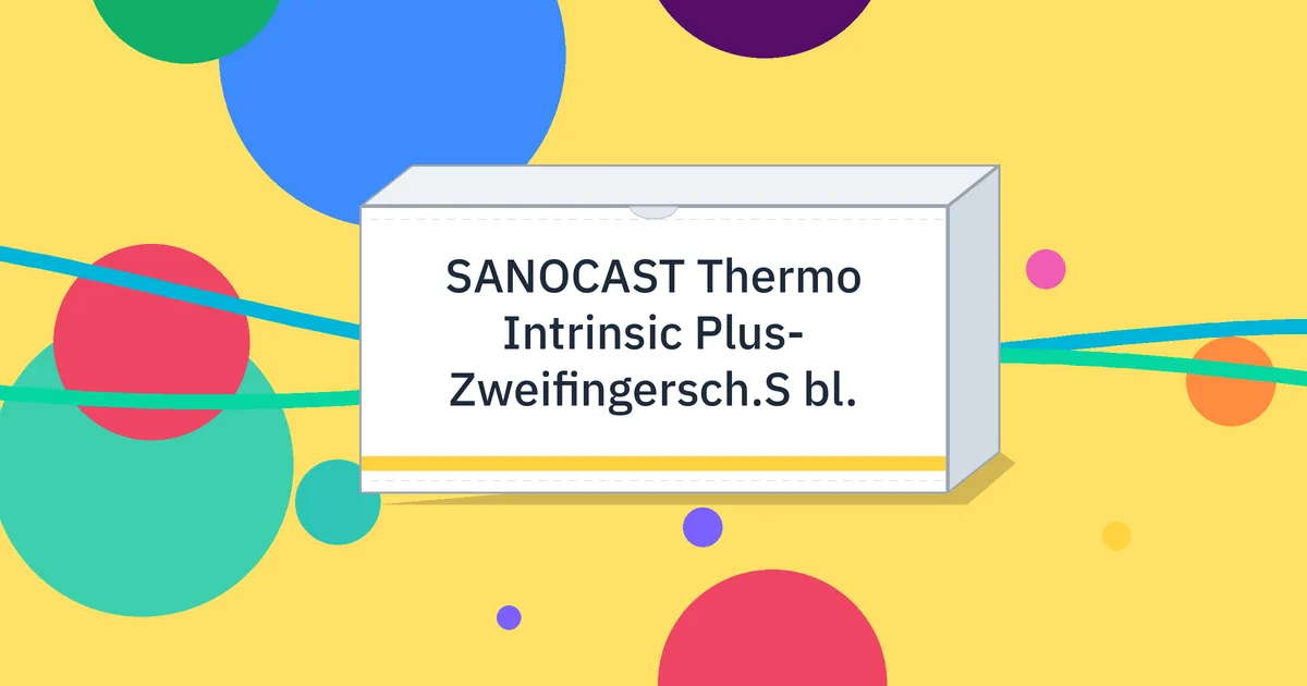 Symbolbild: Packung mit der Aufschrift SANOCAST Thermo Intrinsic Plus-Zweifingersch.S bl. (PZN 15260089) – Verfügbarkeit und Bezug in Apotheken in Frankfurt am Main