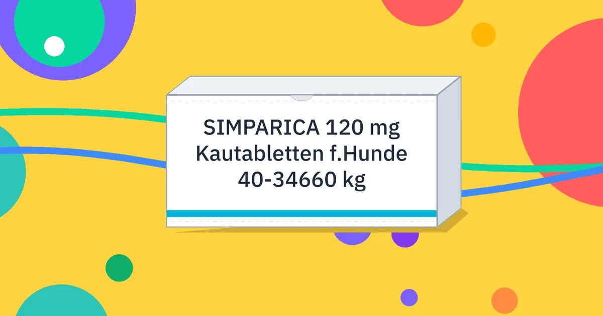 Symbolbild: Packung mit der Aufschrift SIMPARICA 120 mg Kautabletten f.Hunde 40-34660 kg (PZN 14440599) – Verfügbarkeit und Bezug in Apotheken in Frankfurt am Main