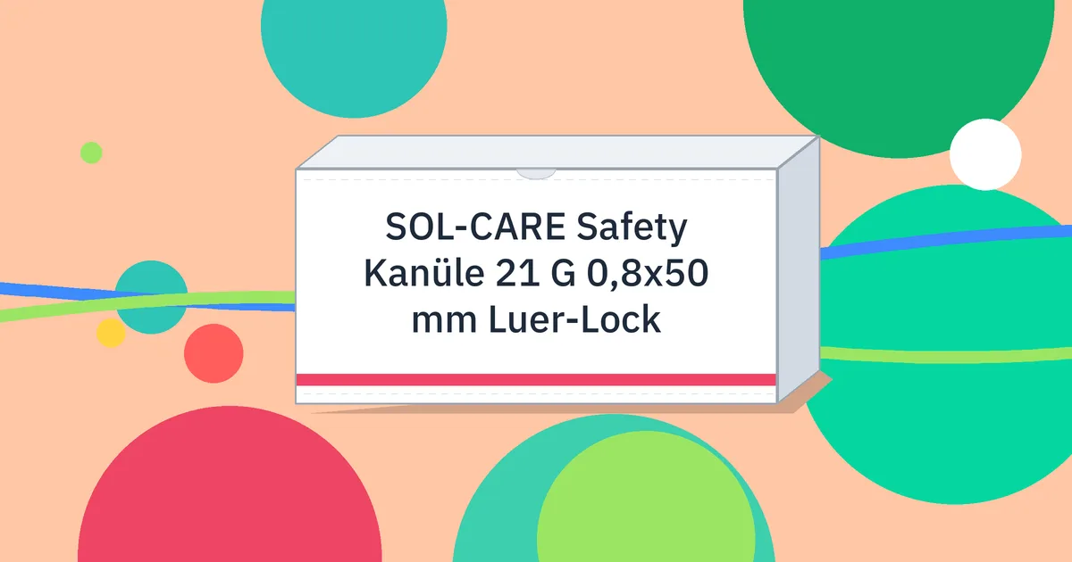 Symbolbild: Packung mit der Aufschrift SOL-CARE Safety Kanüle 21 G 0,8x50 mm Luer-Lock (PZN 19925054) – Verfügbarkeit und Bezug in Apotheken in Frankfurt am Main