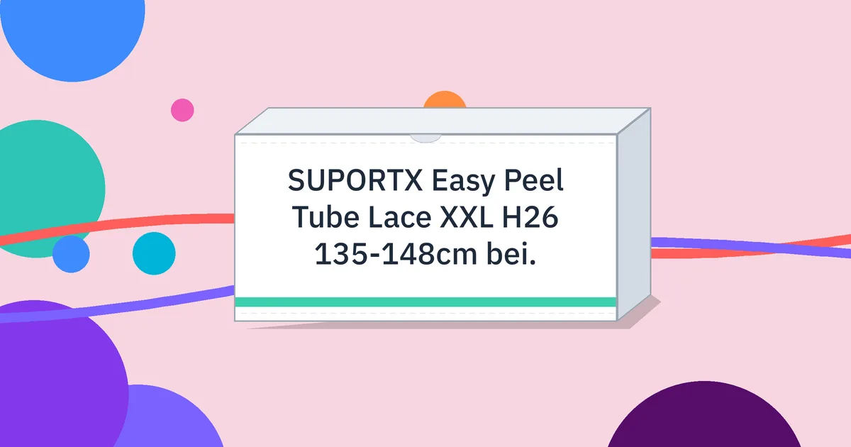 Symbolbild: Packung mit der Aufschrift SUPORTX Easy Peel Tube Lace XXL H26 135-148cm bei. (PZN 19163414) – Verfügbarkeit und Bezug in Apotheken in Frankfurt am Main