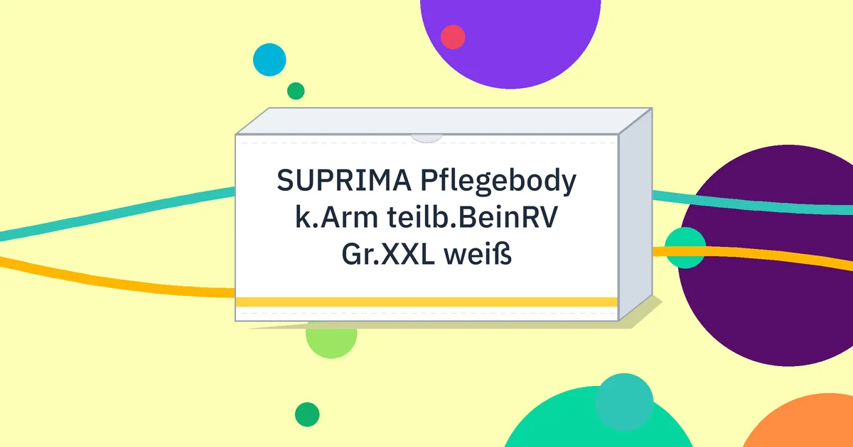 Symbolbild: Packung mit der Aufschrift SUPRIMA Pflegebody k.Arm teilb.BeinRV Gr.XXL weiß (PZN 09253599) – Verfügbarkeit und Bezug in Apotheken in Frankfurt am Main