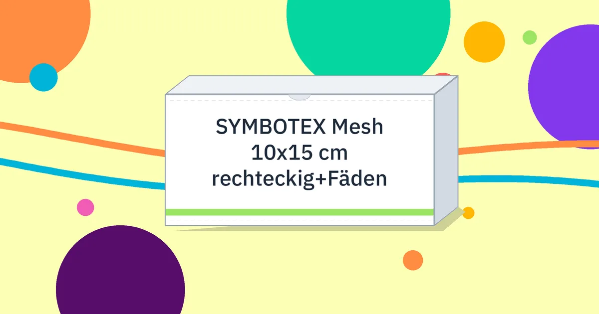 Symbolbild: Packung mit der Aufschrift SYMBOTEX Mesh 10x15 cm rechteckig+Fäden (PZN 10631061) – Verfügbarkeit und Bezug in Apotheken in Frankfurt am Main