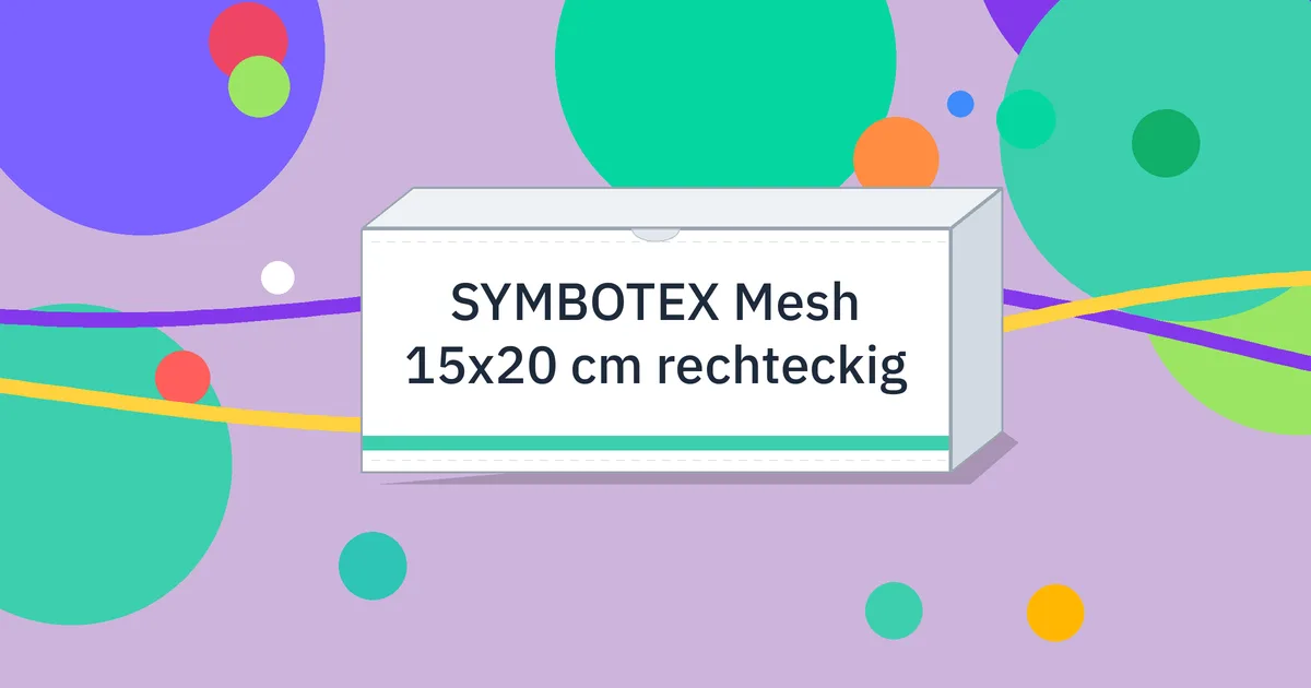 Symbolbild: Packung mit der Aufschrift SYMBOTEX Mesh 15x20 cm rechteckig (PZN 10631144) – Verfügbarkeit und Bezug in Apotheken in Frankfurt am Main