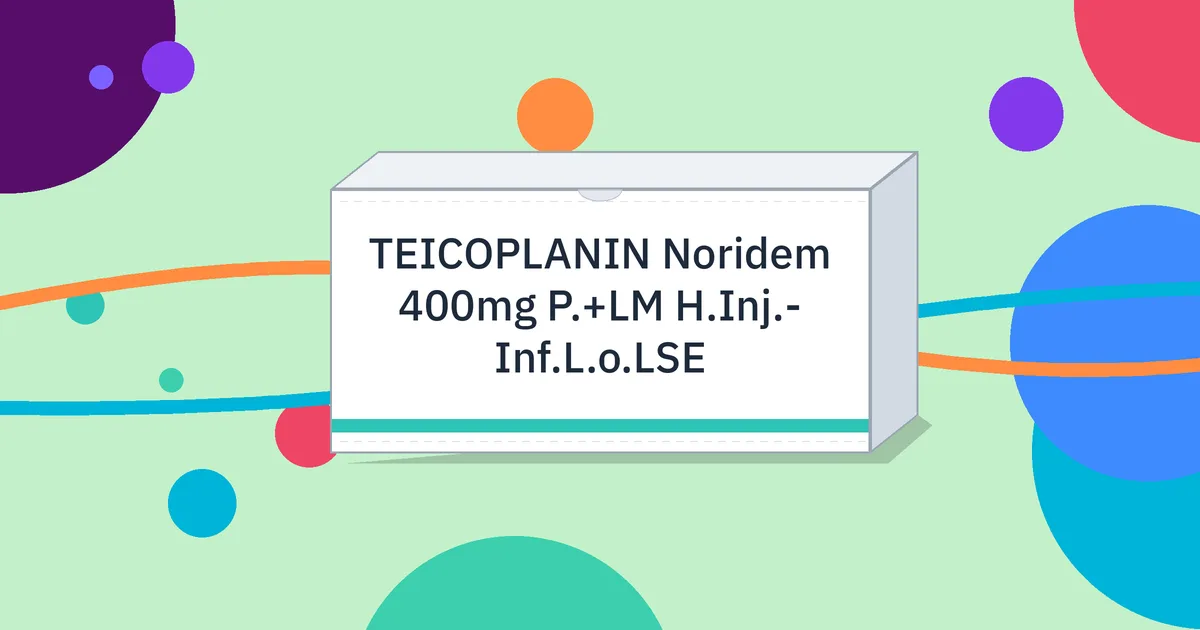 Symbolbild: Packung mit der Aufschrift TEICOPLANIN Noridem 400mg P.+LM H.Inj.-Inf.L.o.LSE (PZN 11558797) – Verfügbarkeit und Bezug in Apotheken in Frankfurt am Main