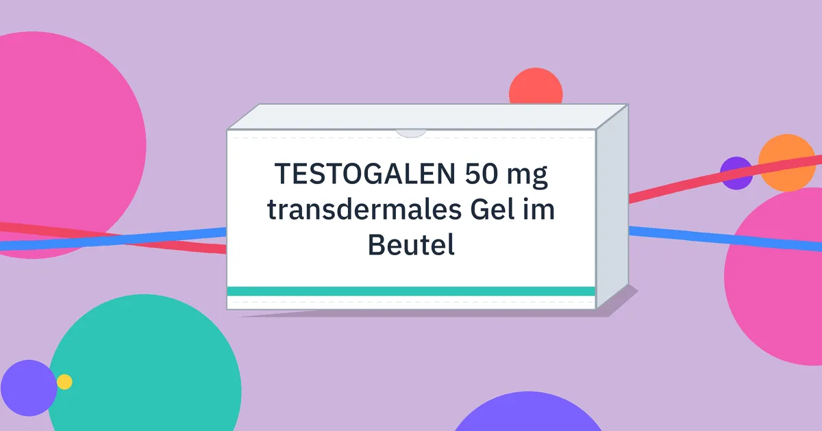 Symbolbild: Packung mit der Aufschrift TESTOGALEN 50 mg transdermales Gel im Beutel (PZN 19908452) – Verfügbarkeit und Bezug in Apotheken in Frankfurt am Main