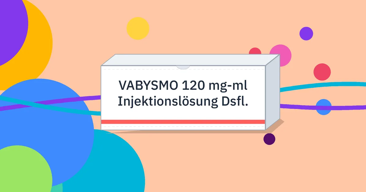 Symbolbild: Packung mit der Aufschrift VABYSMO 120 mg-ml Injektionslösung Dsfl. (PZN 19168446) – Verfügbarkeit und Bezug in Apotheken in Frankfurt am Main