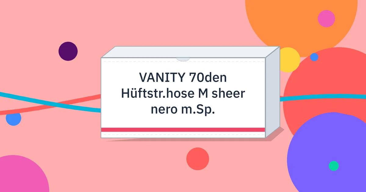 Symbolbild: Packung mit der Aufschrift VANITY 70den Hüftstr.hose M sheer nero m.Sp. (PZN 16188678) – Verfügbarkeit und Bezug in Apotheken in Frankfurt am Main