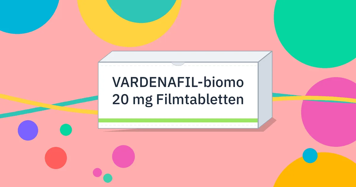 Symbolbild: Packung mit der Aufschrift VARDENAFIL-biomo 20 mg Filmtabletten (PZN 14413289) – Verfügbarkeit und Bezug in Apotheken in Frankfurt am Main