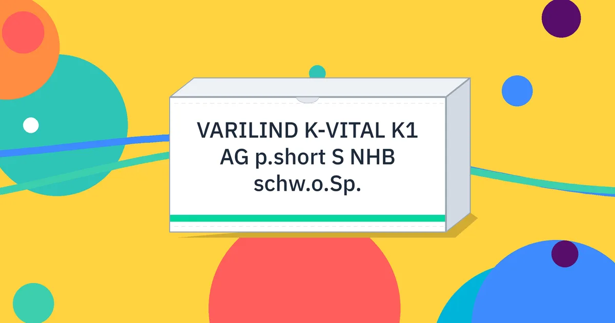 Symbolbild: Packung mit der Aufschrift VARILIND K-VITAL K1 AG p.short S NHB schw.o.Sp. (PZN 20563716) – Verfügbarkeit und Bezug in Apotheken in Frankfurt am Main
