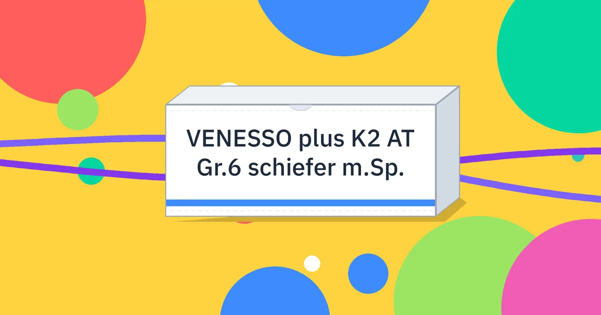 Symbolbild: Packung mit der Aufschrift VENESSO plus K2 AT Gr.6 schiefer m.Sp. (PZN 03286907) – Verfügbarkeit und Bezug in Apotheken in Frankfurt am Main