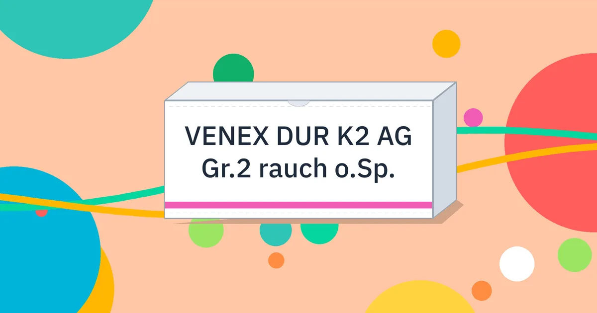 Symbolbild: Packung mit der Aufschrift VENEX DUR K2 AG Gr.2 rauch o.Sp. (PZN 03215557) – Verfügbarkeit und Bezug in Apotheken in Frankfurt am Main