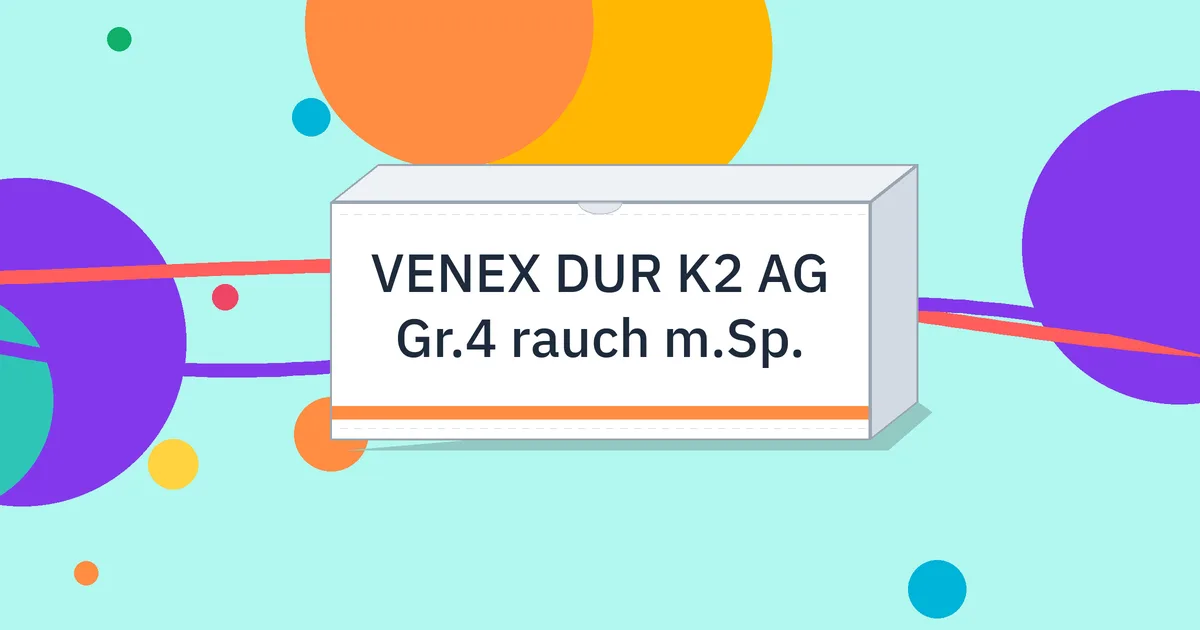 Symbolbild: Packung mit der Aufschrift VENEX DUR K2 AG Gr.4 rauch m.Sp. (PZN 03213268) – Verfügbarkeit und Bezug in Apotheken in Frankfurt am Main