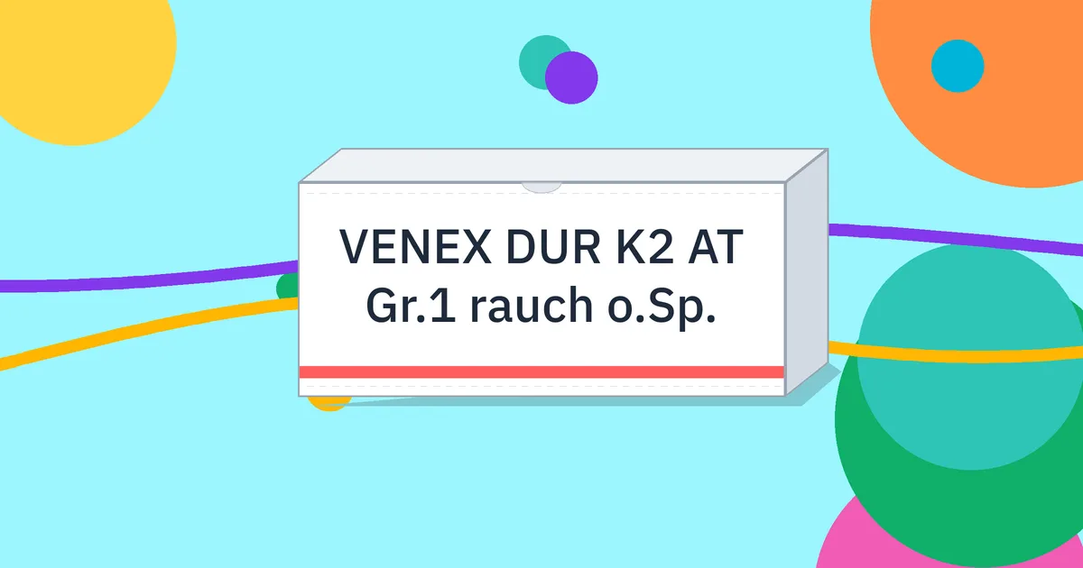 Symbolbild: Packung mit der Aufschrift VENEX DUR K2 AT Gr.1 rauch o.Sp. (PZN 03222681) – Verfügbarkeit und Bezug in Apotheken in Frankfurt am Main