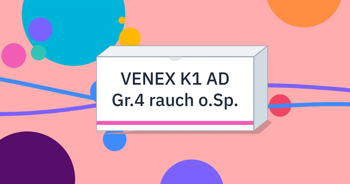 Symbolbild: Packung mit der Aufschrift VENEX K1 AD Gr.4 rauch o.Sp. (PZN 03184816) – Verfügbarkeit und Bezug in Apotheken in Frankfurt am Main