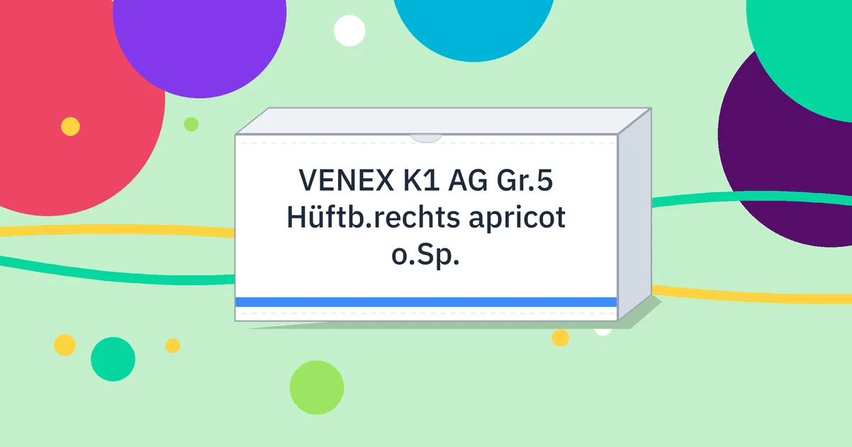 Symbolbild: Packung mit der Aufschrift VENEX K1 AG Gr.5 Hüftb.rechts apricot o.Sp. (PZN 03207606) – Verfügbarkeit und Bezug in Apotheken in Frankfurt am Main