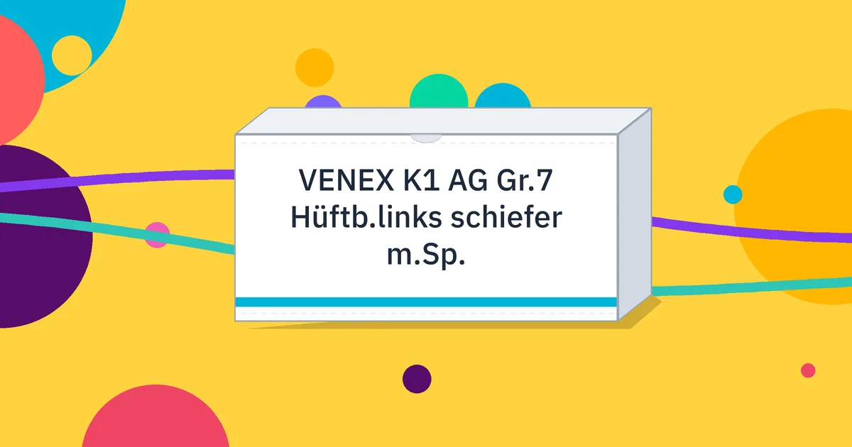 Symbolbild: Packung mit der Aufschrift VENEX K1 AG Gr.7 Hüftb.links schiefer m.Sp. (PZN 03201549) – Verfügbarkeit und Bezug in Apotheken in Frankfurt am Main