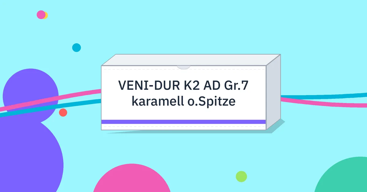 Symbolbild: Packung mit der Aufschrift VENI-DUR K2 AD Gr.7 karamell o.Spitze (PZN 13756343) – Verfügbarkeit und Bezug in Apotheken in Frankfurt am Main