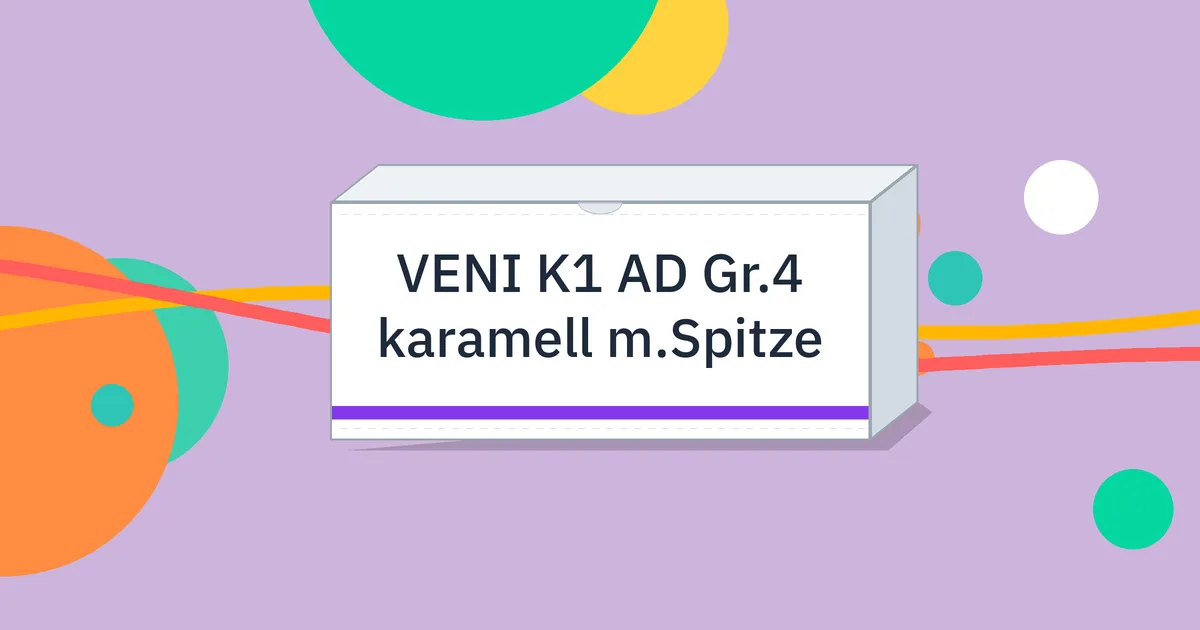 Symbolbild: Packung mit der Aufschrift VENI K1 AD Gr.4 karamell m.Spitze (PZN 13756047) – Verfügbarkeit und Bezug in Apotheken in Frankfurt am Main