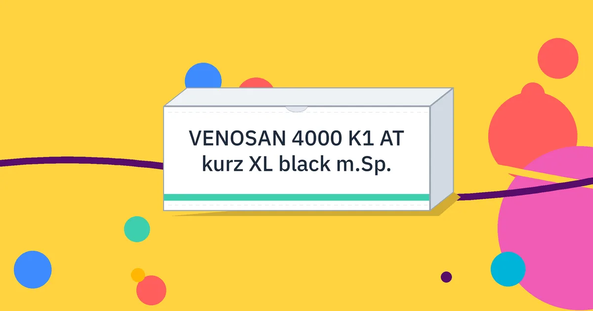Symbolbild: Packung mit der Aufschrift VENOSAN 4000 K1 AT kurz XL black m.Sp. (PZN 14426748) – Verfügbarkeit und Bezug in Apotheken in Frankfurt am Main