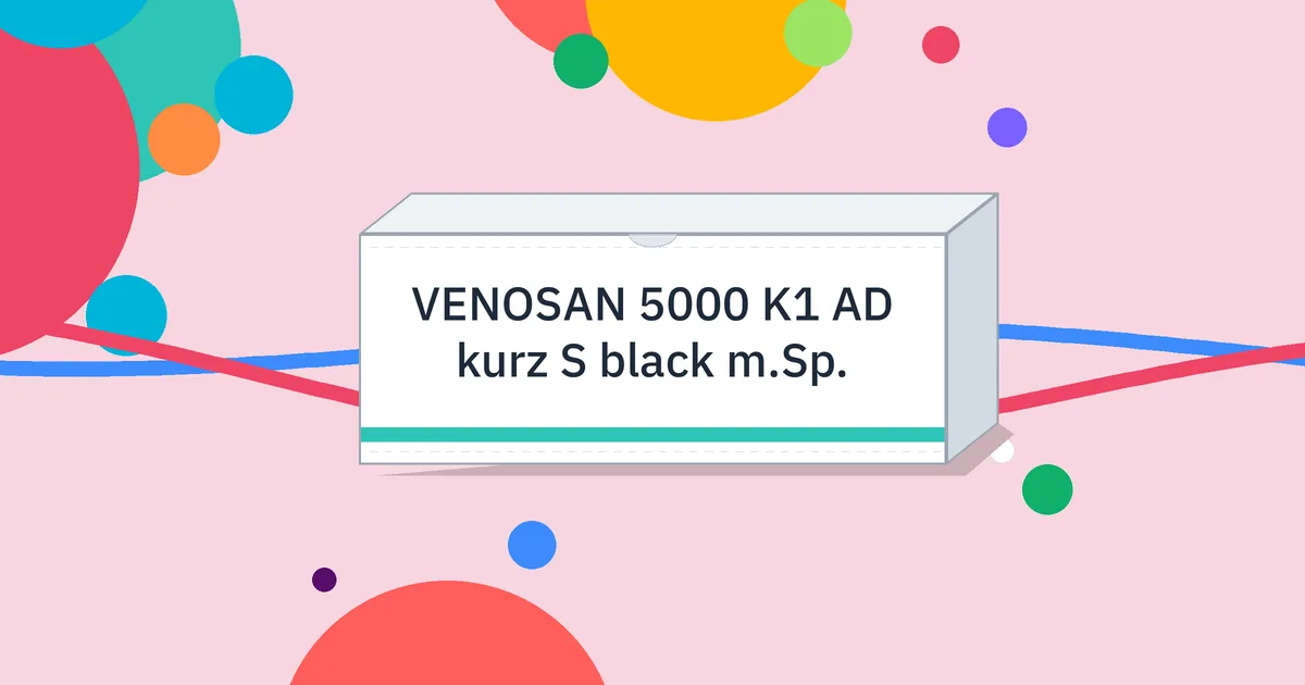 Symbolbild: Packung mit der Aufschrift VENOSAN 5000 K1 AD kurz S black m.Sp. (PZN 14432542) – Verfügbarkeit und Bezug in Apotheken in Frankfurt am Main