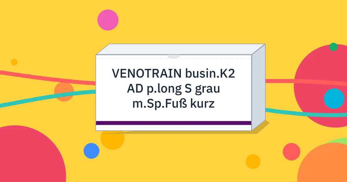 Symbolbild: Packung mit der Aufschrift VENOTRAIN busin.K2 AD p.long S grau m.Sp.Fuß kurz (PZN 19057681) – Verfügbarkeit und Bezug in Apotheken in Frankfurt am Main