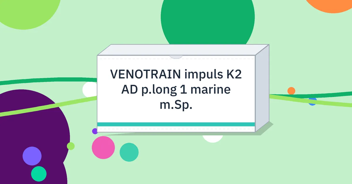 Symbolbild: Packung mit der Aufschrift VENOTRAIN impuls K2 AD p.long 1 marine m.Sp. (PZN 15221250) – Verfügbarkeit und Bezug in Apotheken in Frankfurt am Main