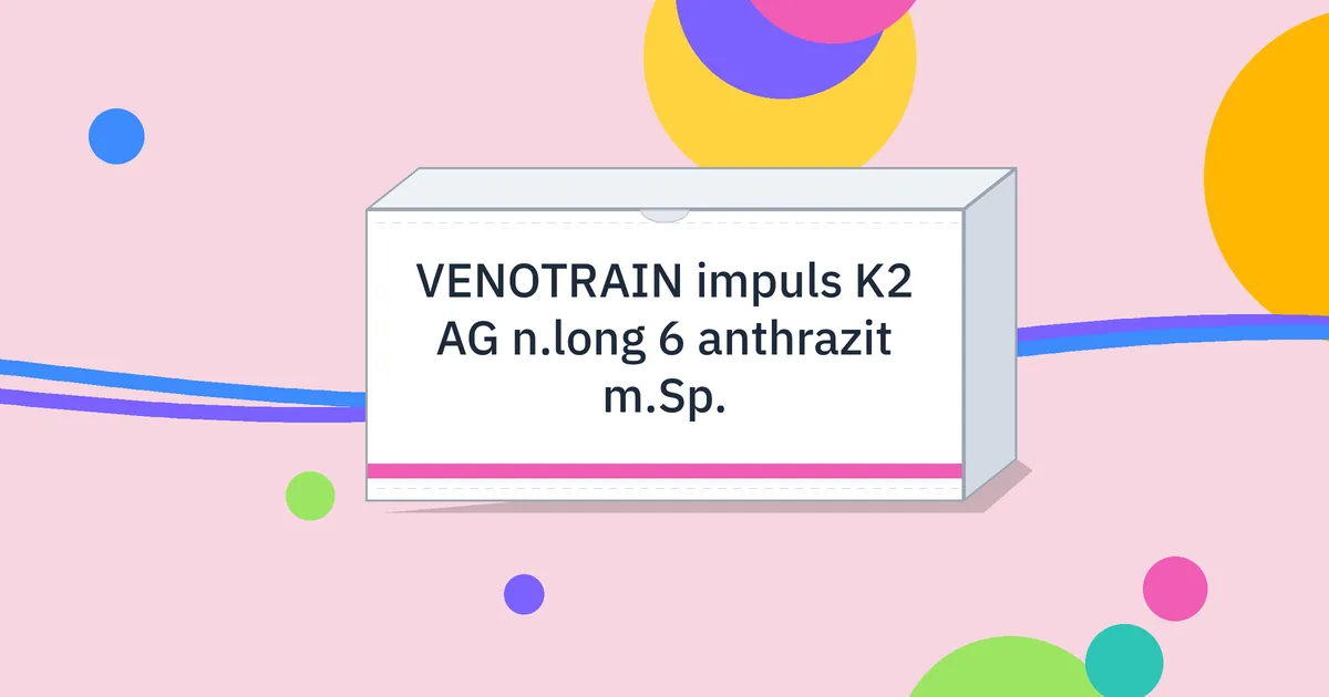 Symbolbild: Packung mit der Aufschrift VENOTRAIN impuls K2 AG n.long 6 anthrazit m.Sp. (PZN 15212363) – Verfügbarkeit und Bezug in Apotheken in Frankfurt am Main