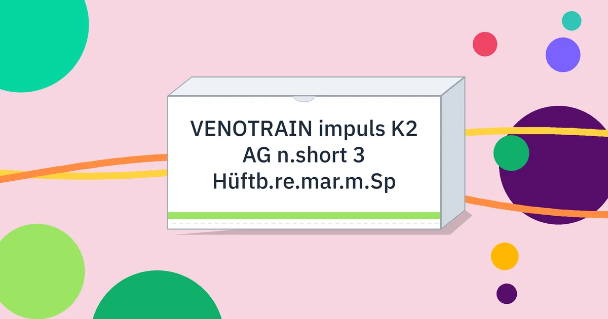 Symbolbild: Packung mit der Aufschrift VENOTRAIN impuls K2 AG n.short 3 Hüftb.re.mar.m.Sp (PZN 15216390) – Verfügbarkeit und Bezug in Apotheken in Frankfurt am Main