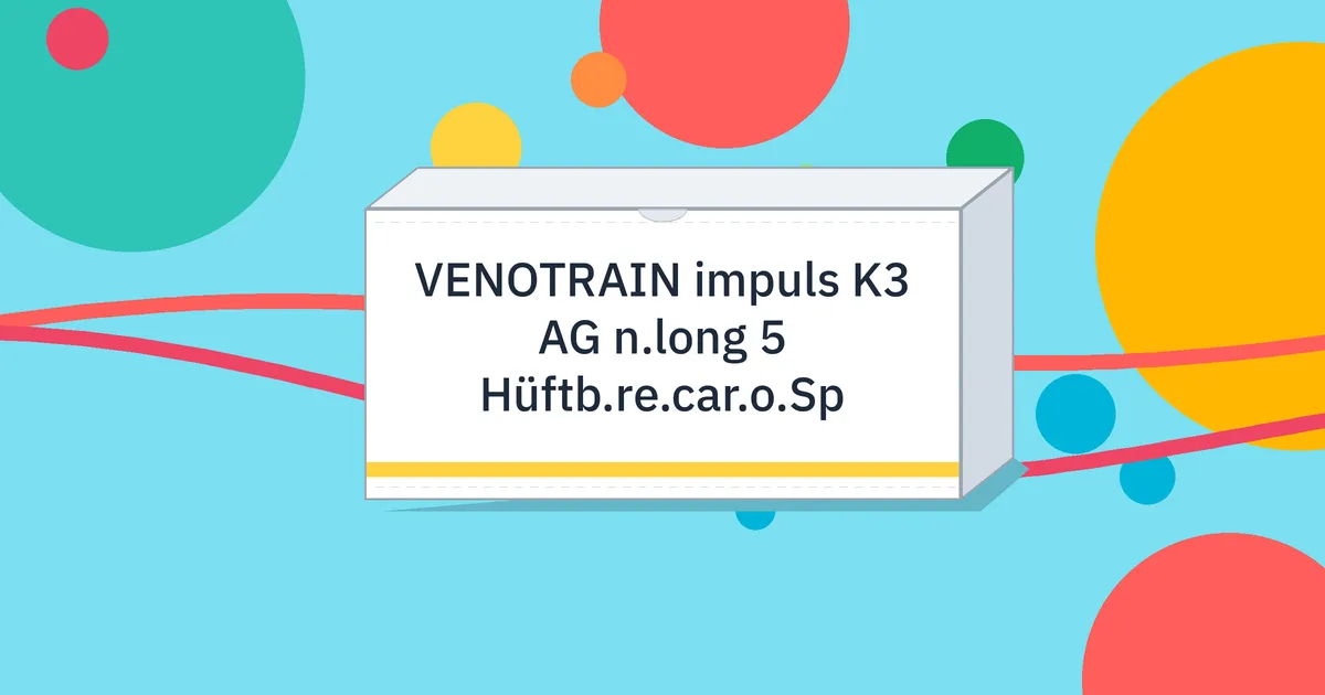 Symbolbild: Packung mit der Aufschrift VENOTRAIN impuls K3 AG n.long 5 Hüftb.re.car.o.Sp (PZN 08422858) – Verfügbarkeit und Bezug in Apotheken in Frankfurt am Main