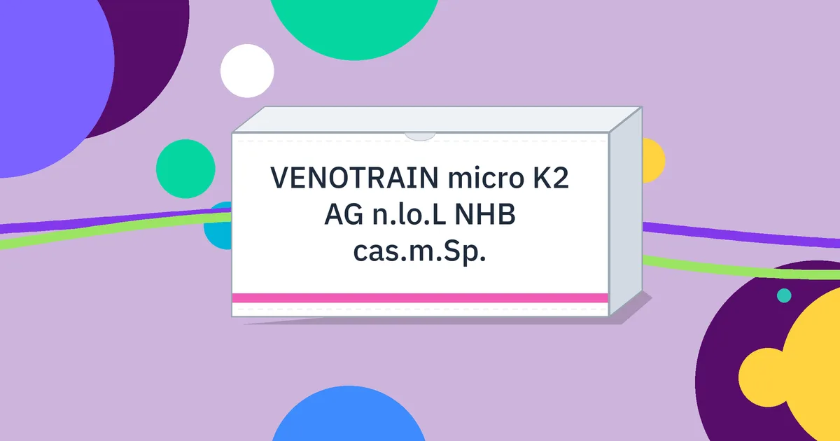 Symbolbild: Packung mit der Aufschrift VENOTRAIN micro K2 AG n.lo.L NHB cas.m.Sp. (PZN 20760859) – Verfügbarkeit und Bezug in Apotheken in Frankfurt am Main