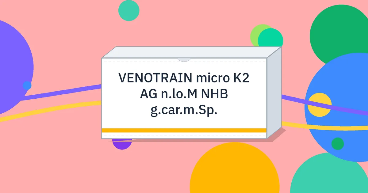 Symbolbild: Packung mit der Aufschrift VENOTRAIN micro K2 AG n.lo.M NHB g.car.m.Sp. (PZN 05999385) – Verfügbarkeit und Bezug in Apotheken in Frankfurt am Main