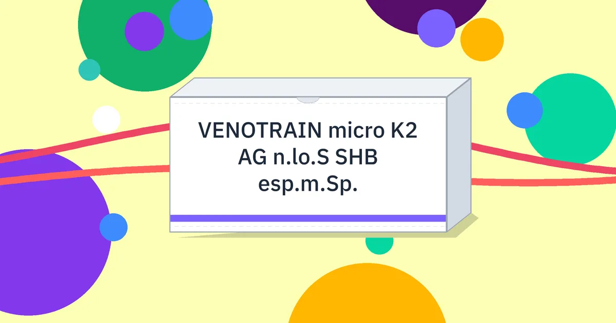 Symbolbild: Packung mit der Aufschrift VENOTRAIN micro K2 AG n.lo.S SHB esp.m.Sp. (PZN 06348218) – Verfügbarkeit und Bezug in Apotheken in Frankfurt am Main