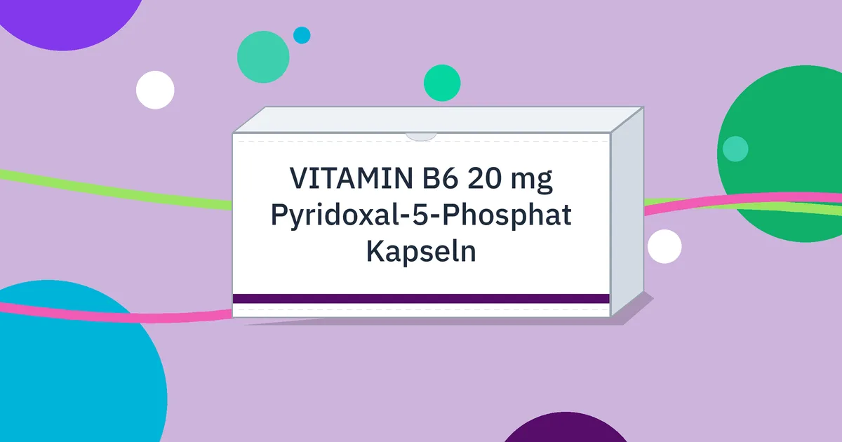 Symbolbild: Packung mit der Aufschrift VITAMIN B6 20 mg Pyridoxal-5-Phosphat Kapseln (PZN 17965948) – Verfügbarkeit und Bezug in Apotheken in Frankfurt am Main