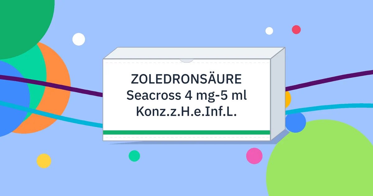 Symbolbild: Packung mit der Aufschrift ZOLEDRONSÄURE Seacross 4 mg-5 ml Konz.z.H.e.Inf.L. (PZN 16933432) – Verfügbarkeit und Bezug in Apotheken in Frankfurt am Main