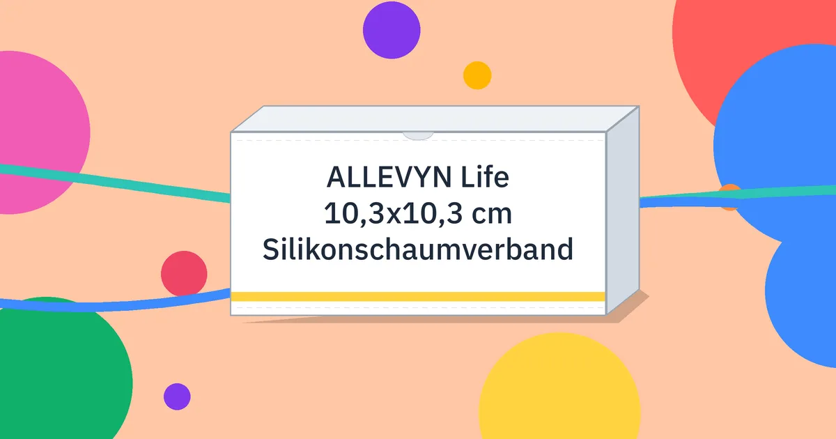 Symbolbild: Packung mit der Aufschrift ALLEVYN Life 10,3x10,3 cm Silikonschaumverband (PZN 17413953) – Verfügbarkeit und Bezug in Apotheken in Frankfurt am Main