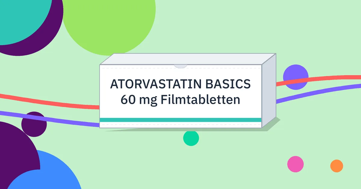 Symbolbild: Packung mit der Aufschrift ATORVASTATIN BASICS 60 mg Filmtabletten (PZN 11083992) – Verfügbarkeit und Bezug in Apotheken in Frankfurt am Main
